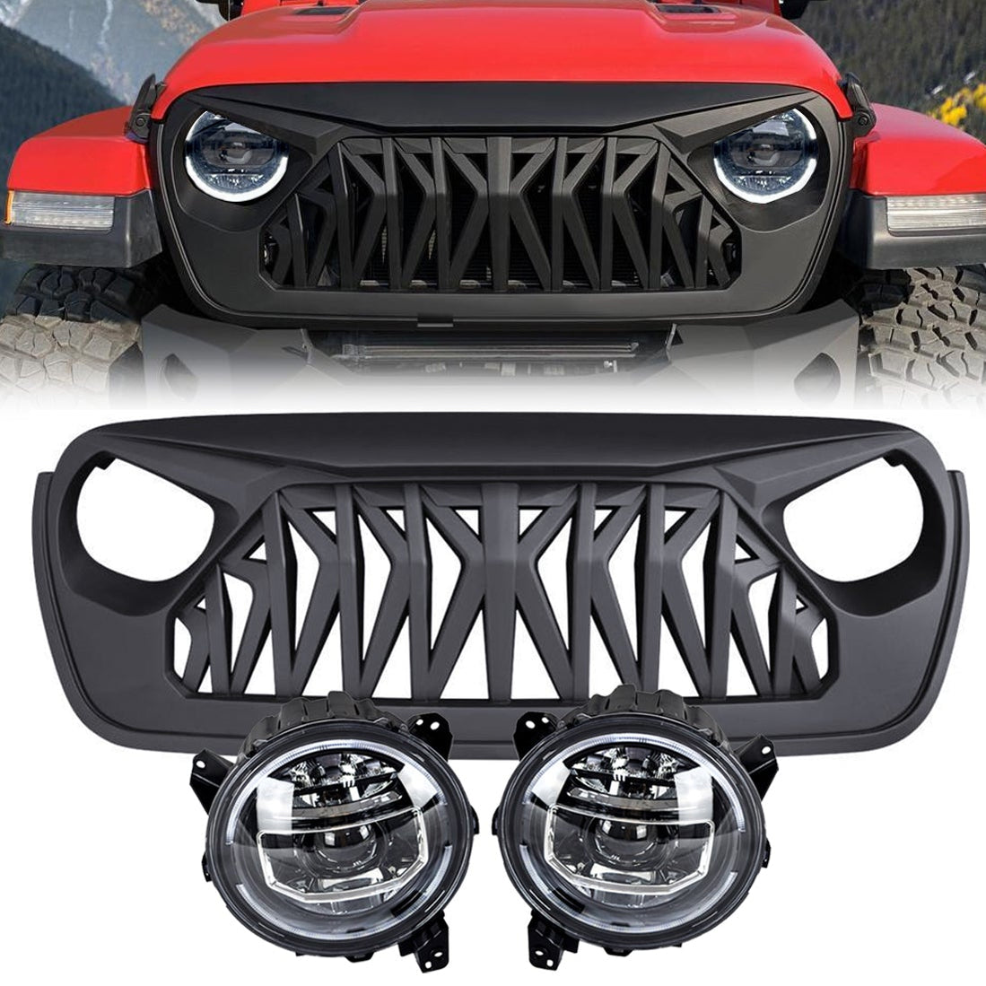 AMERICAN MODIFIED 9 Inch LED Halo Headlights & Shark Grille Combo for ...